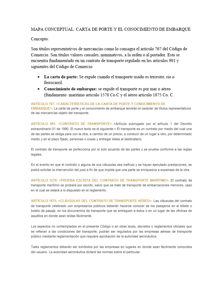 Carta de Porte y El Conocimiento de Embarque | PDF | Guía de carga ...