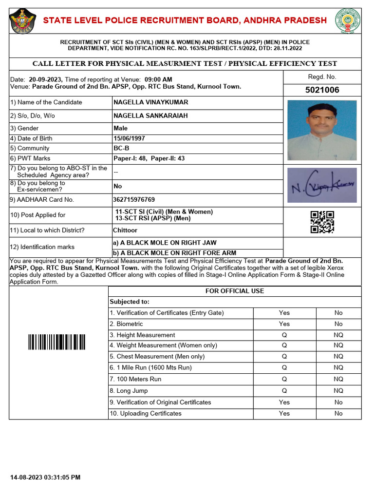 AP Police SCT SI & RSI Test Call Letter | PDF | Government Of India