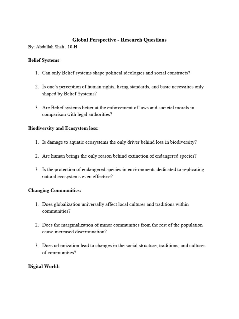 Global Perspective Research Questions | PDF | Sustainability | Social Media