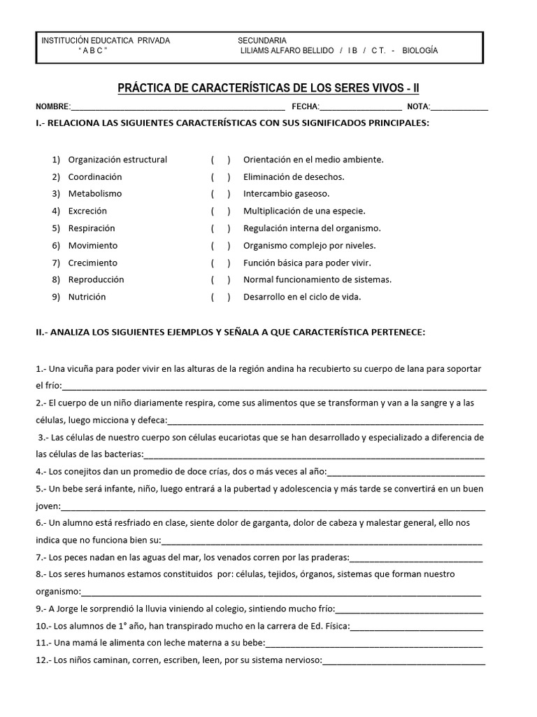 Características de los Seres Vivos: Práctica | PDF | Organismos ...