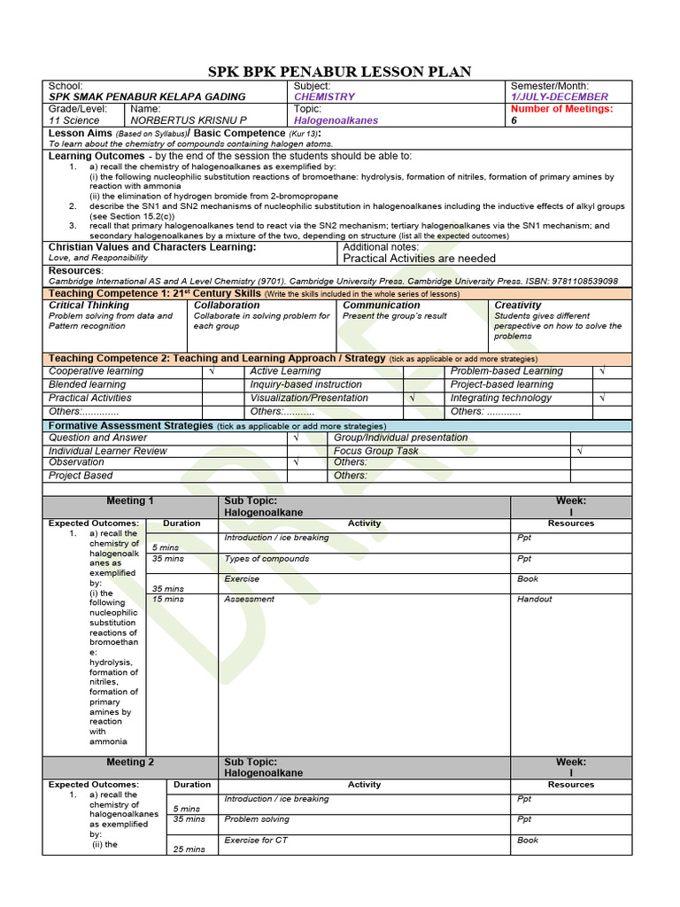 Lesson Plan FORM - EVALUATION 11 Elective - Halogenoalkanes 2023 | PDF | Behavior Modification ...