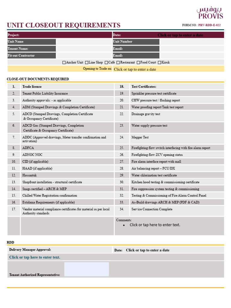 Unit Closeout Requirements Checklist | PDF | Safety | Fires