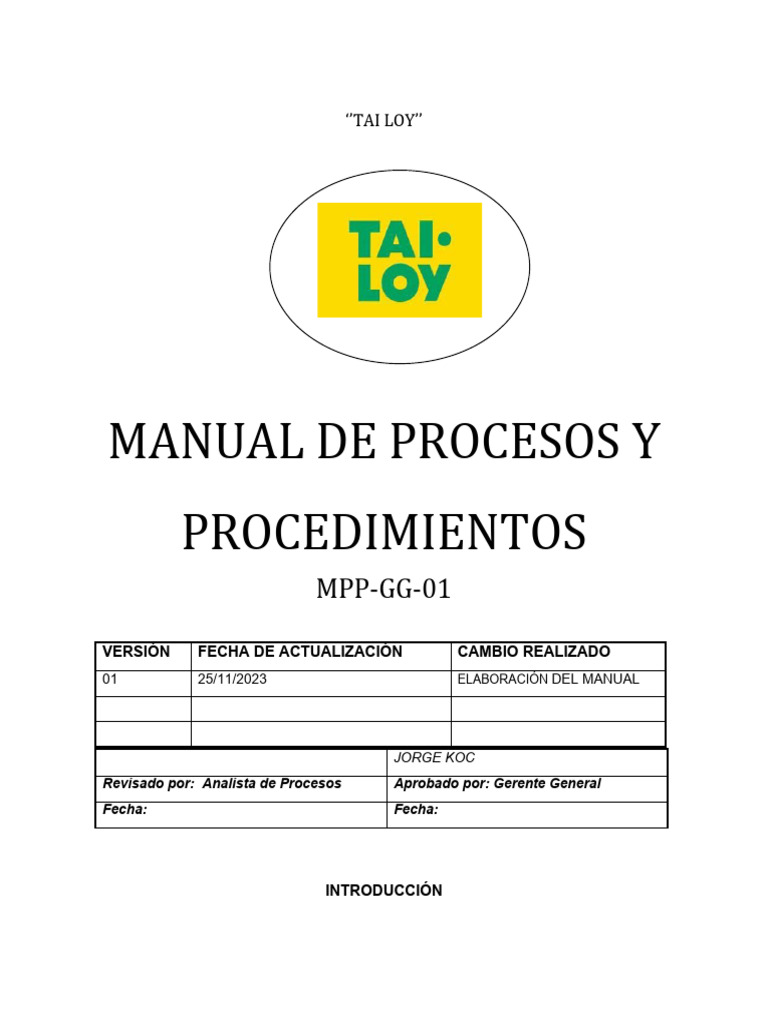 Esquema Manual De Procesos Y Procedimientos Tai Loy Pdf Business