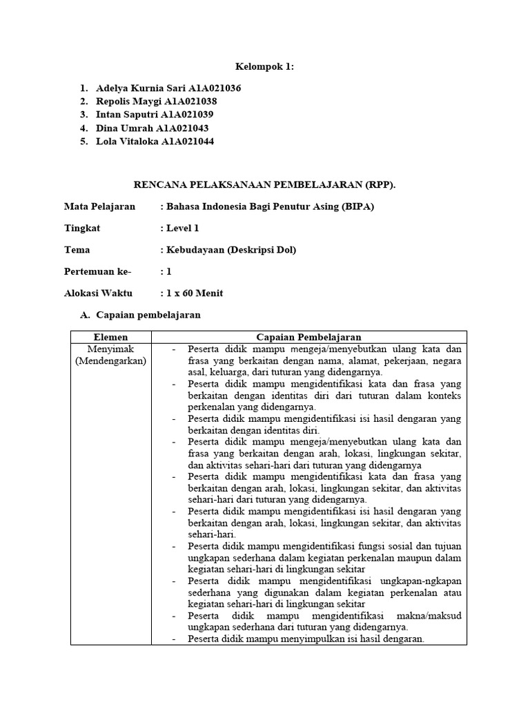 RPP Bipa Kelompok 1 | PDF | Karier & Perkembangan | Seni & Disiplin Bahasa