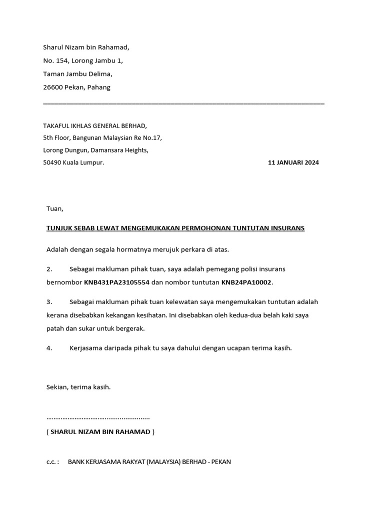 Surat Tunjuk Sebab Lewat Claim Insuran | PDF