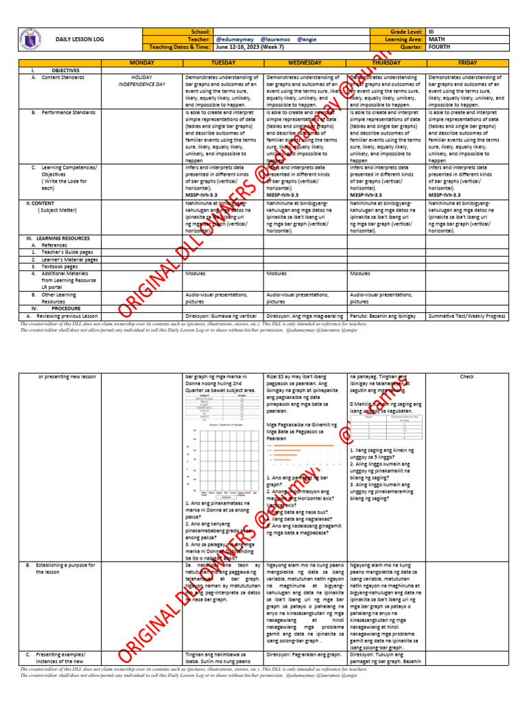 DLL - MATH - 3 - Q4 - W7 - Infers and Interprets Data Presented in Different Kinds of Bar Graphs ...