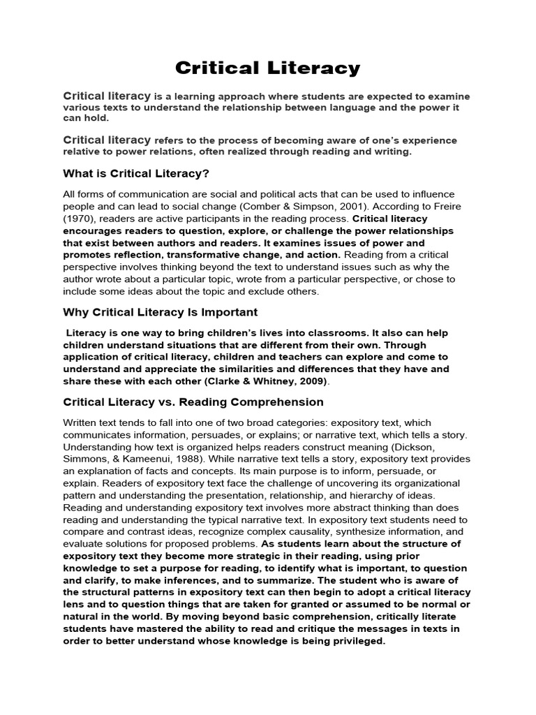 Critical Literacy | PDF | Literacy | Reading Comprehension
