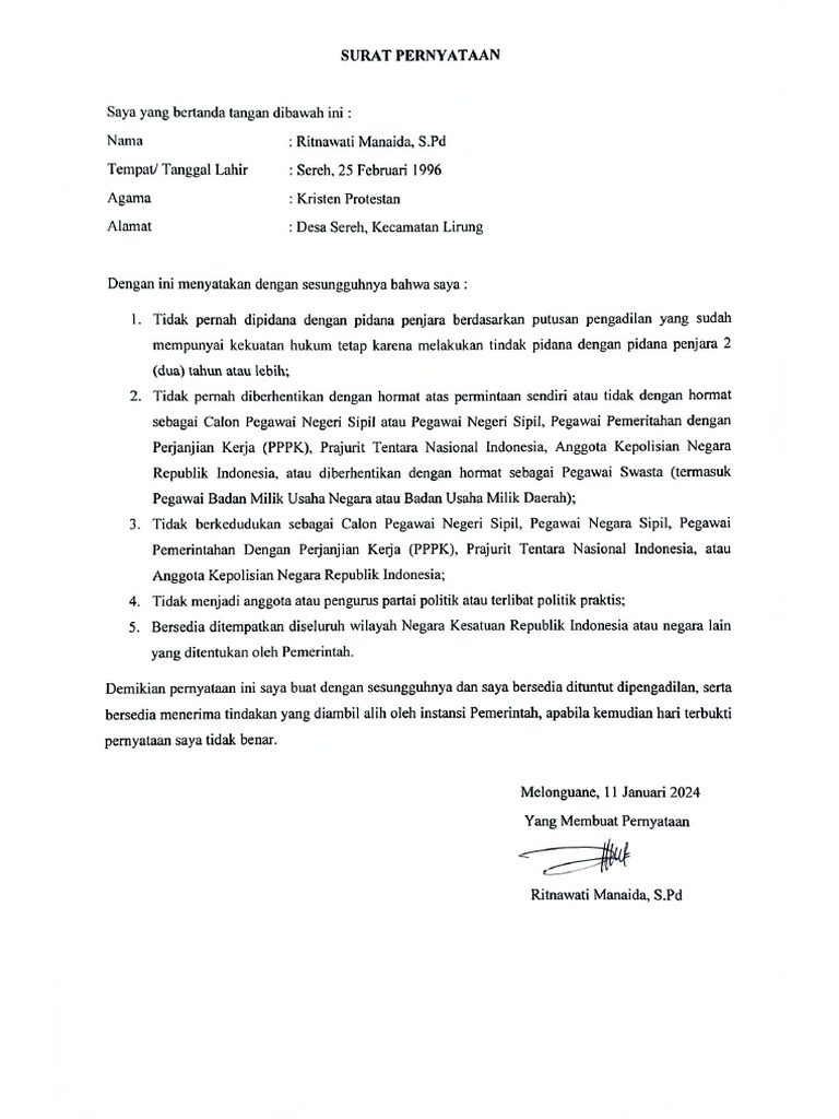 Surat Pernyataan_Ritna 2024 | PDF