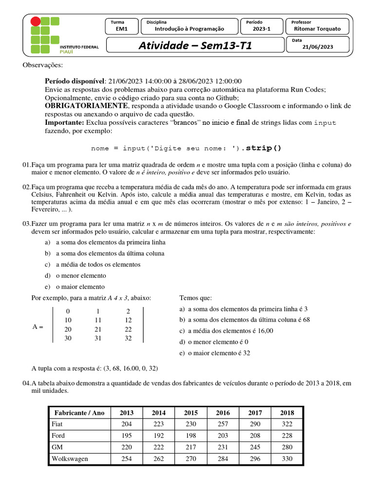 Atividade Sem 13 T1 | PDF | Matriz (Matemática) | Temperatura