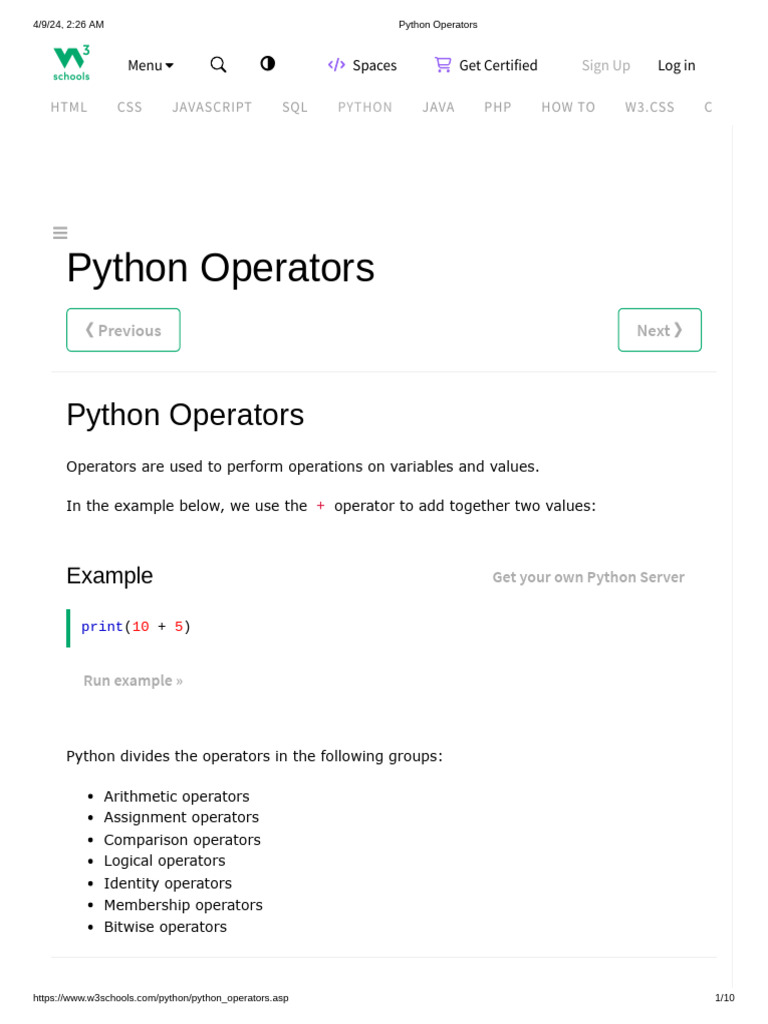Python Operators | PDF | Computer Programming | Mathematics Python Operators | PDF | Computer Programming | Mathematics