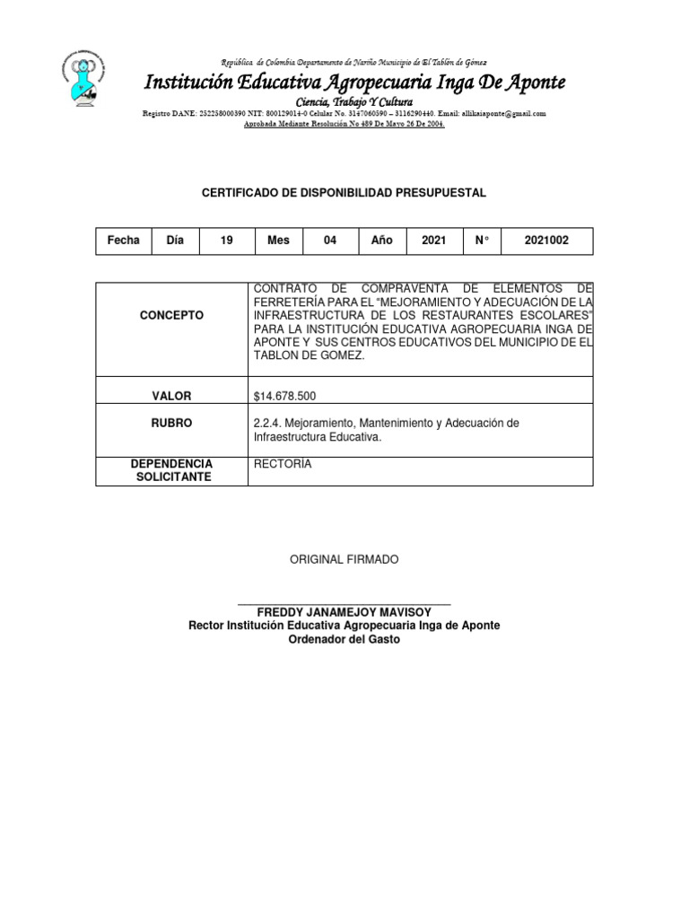 Certificado de Disponibilidad Presupuestal | PDF Certificado de Disponibilidad Presupuestal | PDF