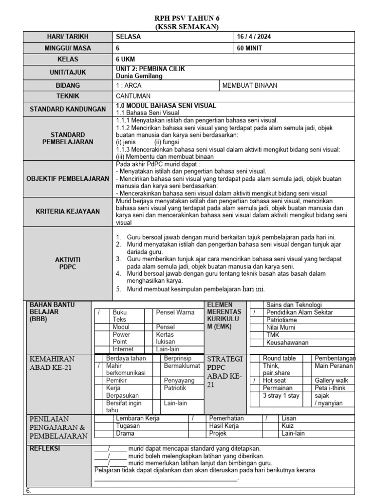 RPH PSV TAHUN 6 | PDF