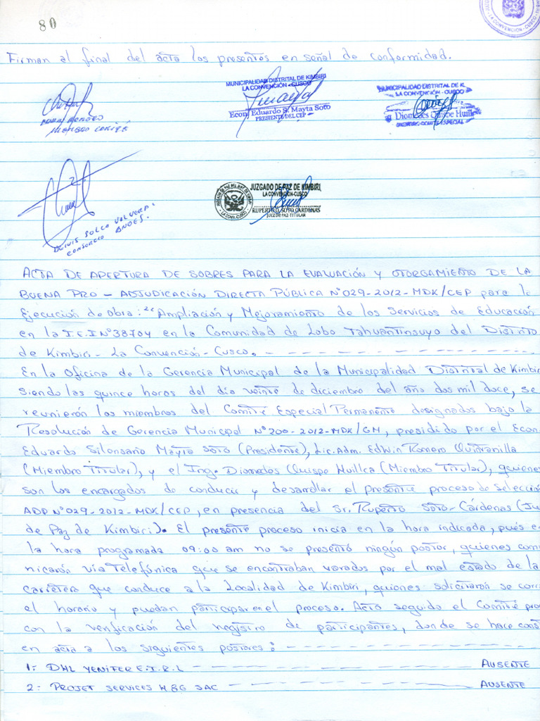 Acta de Apertura de Sobres para La Evaluacion y Otorgamiento de La Buena Pro ADP 29-2012-MDK | PDF