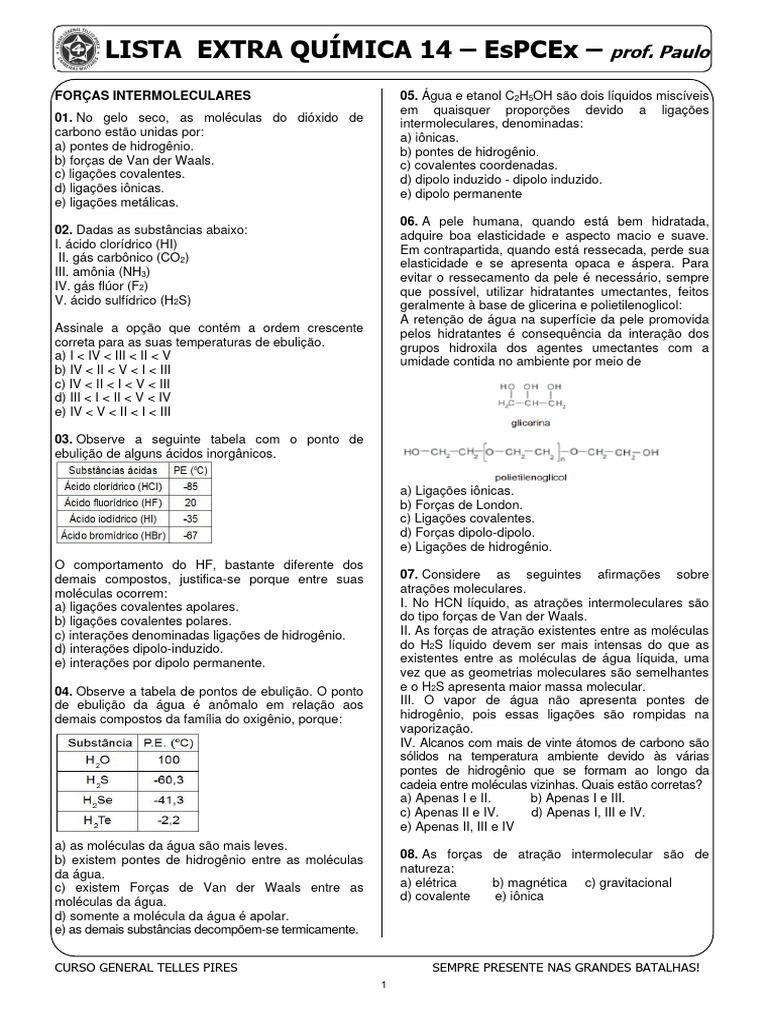 Lista Extra 14 - Química - Espcex - Forças Intermoleculares - Paulo ...