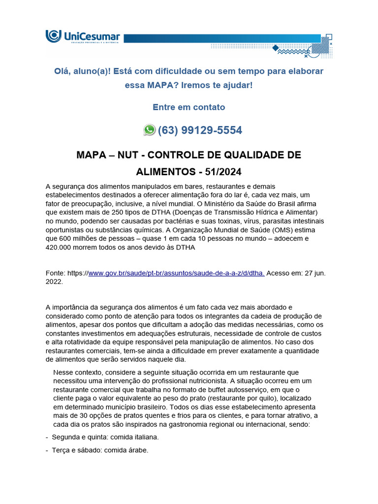 Mapa - Nut - Controle de Qualidade de ALIMENTOS - 51/2024 | PDF | Carne | Alimentos