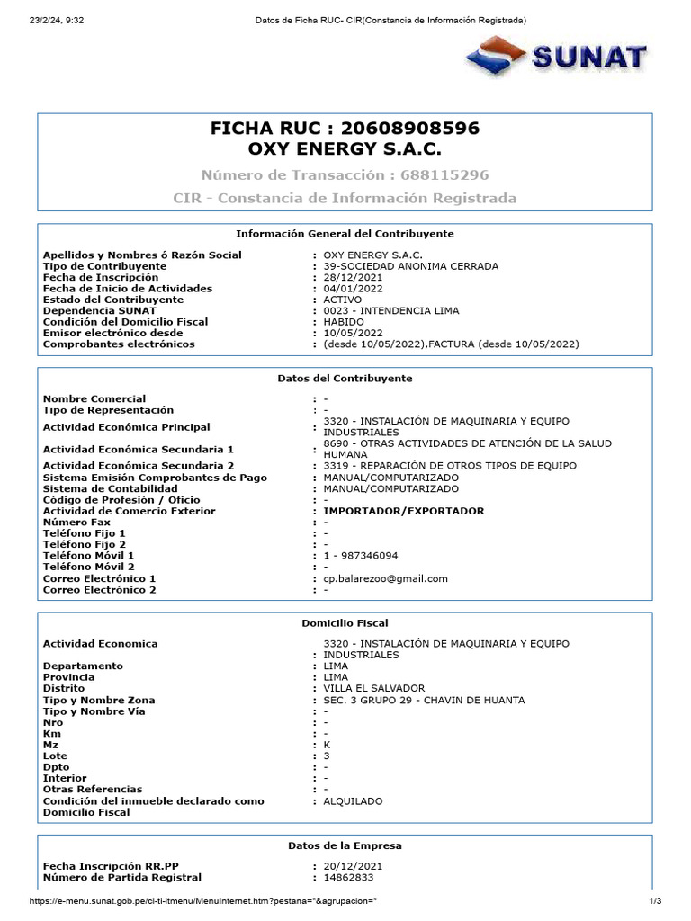 Ficha RUC OXY ENERGY S.A.C. 2024 | PDF | Industrias de servicio