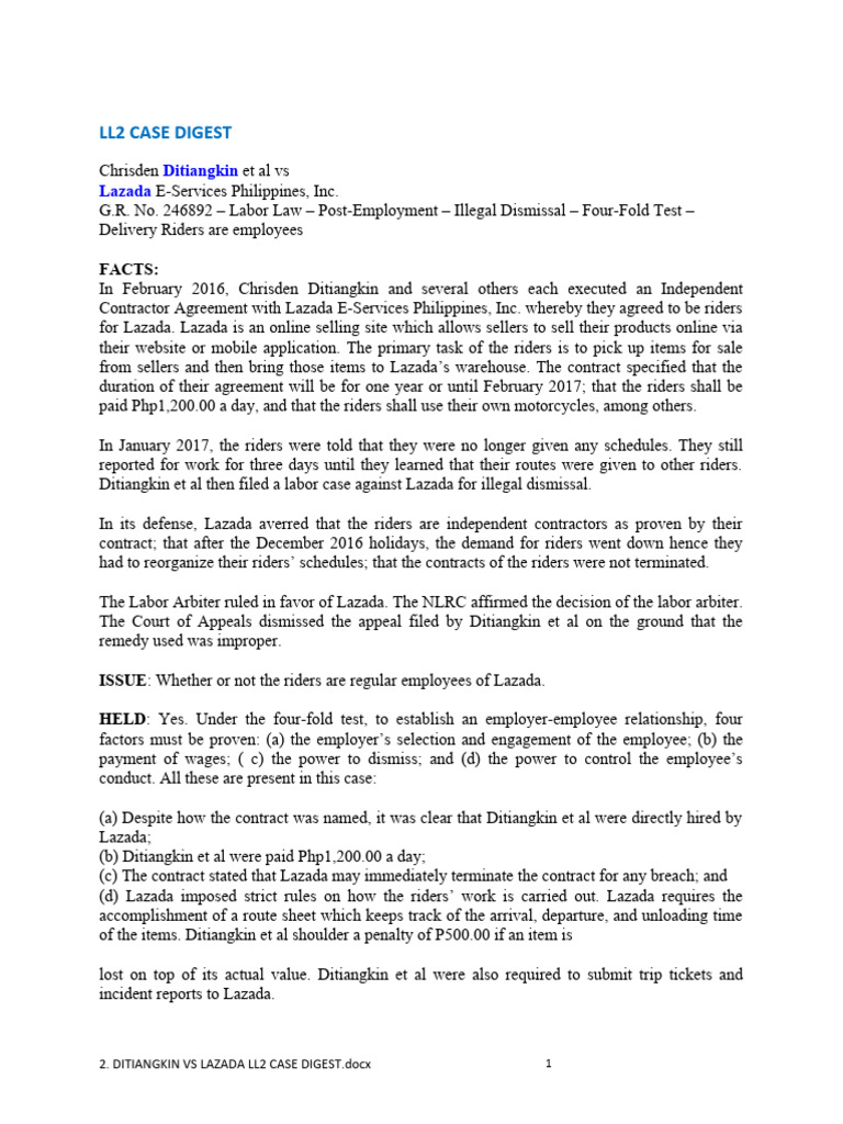 Ditiangkin VS Lazada LL2 Case Digest | PDF | Employment | Private Law