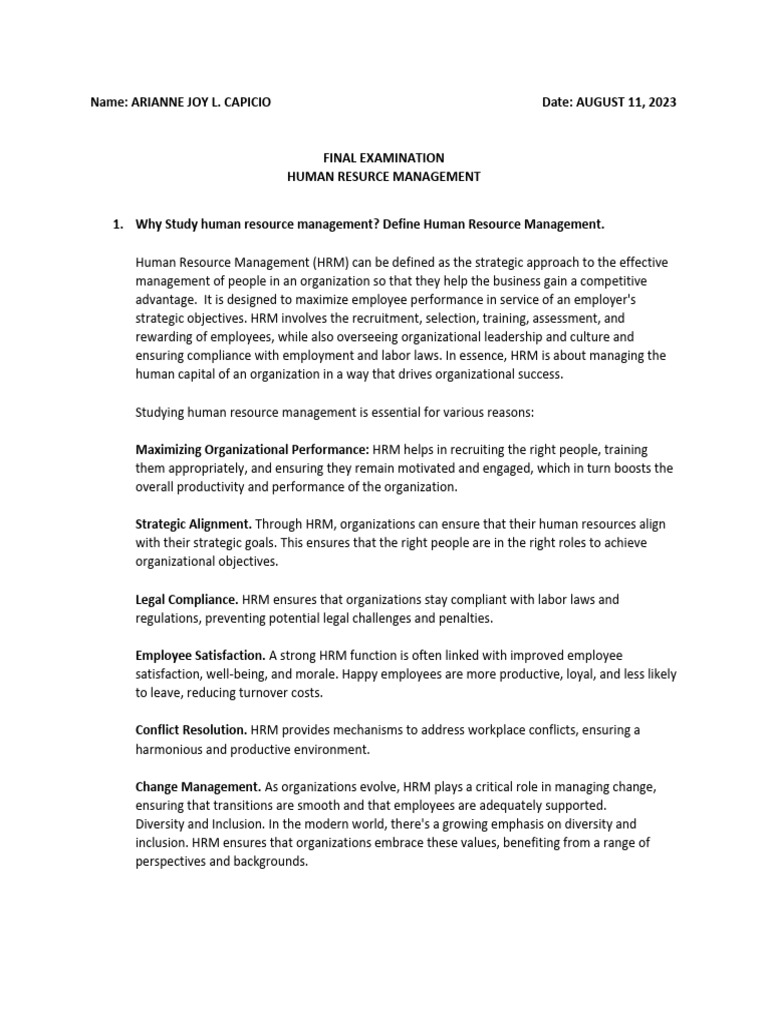 CAPICIO FinalExam HRM | PDF | Human Resource Management | Human Resources