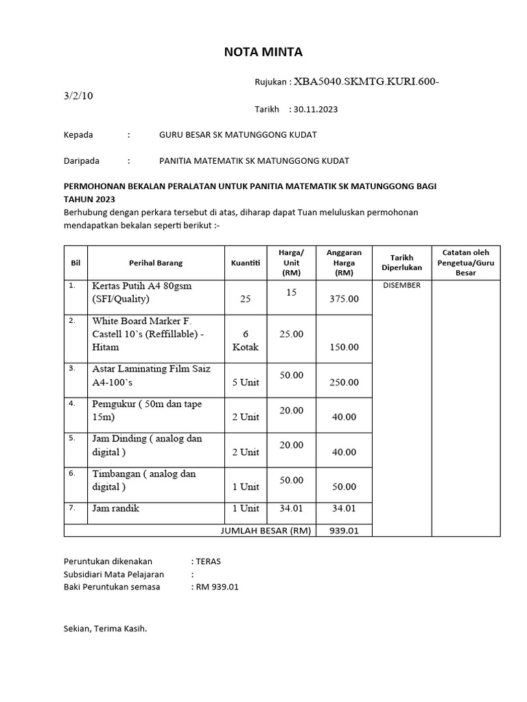 Nota Minta Panitia Matematik | PDF