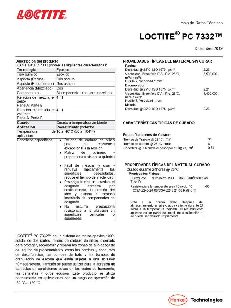 TDS Loctite PC 7332 - Es | Descargar gratis PDF | Abrasivo | Revestimiento