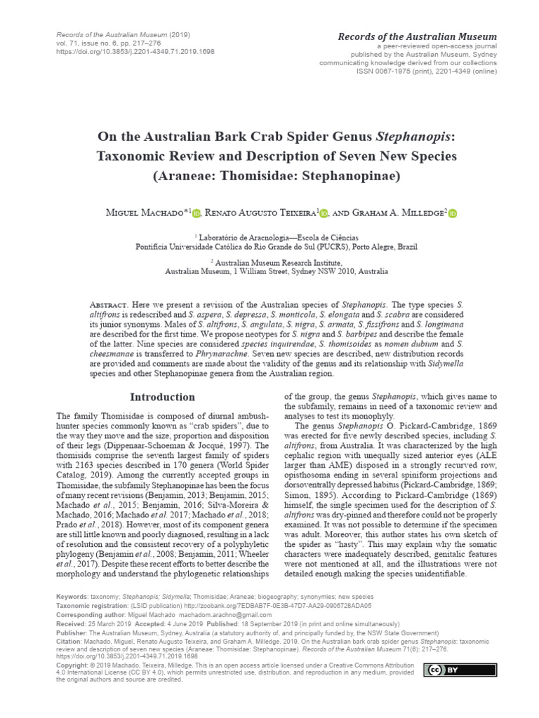 On The Australian Bark Crab Spider Genus Stephanopis: Taxonomic Review ...