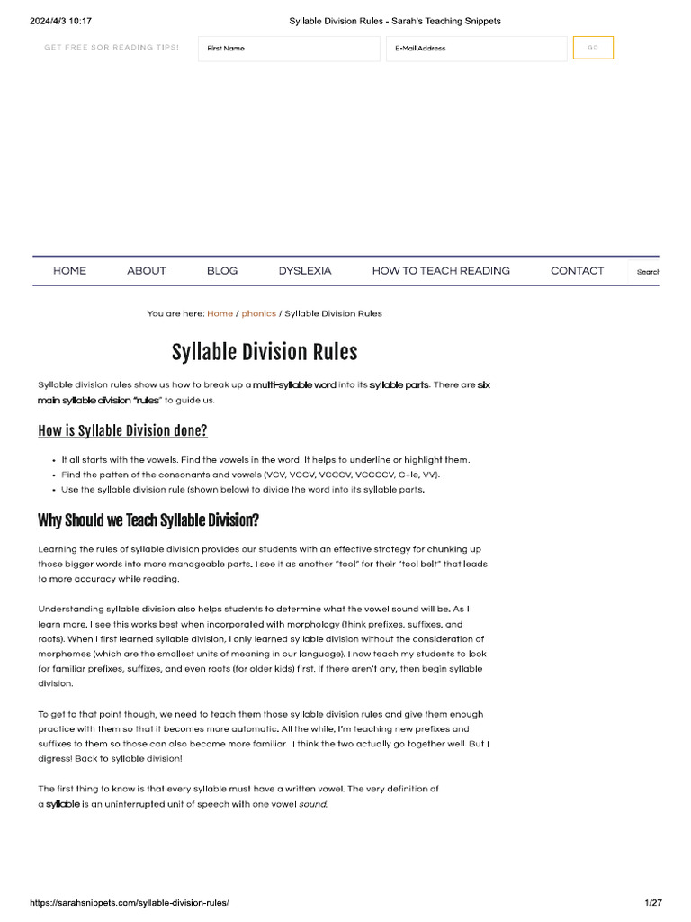 Syllable Division Rules - Sarah - S Teaching Snippets | PDF