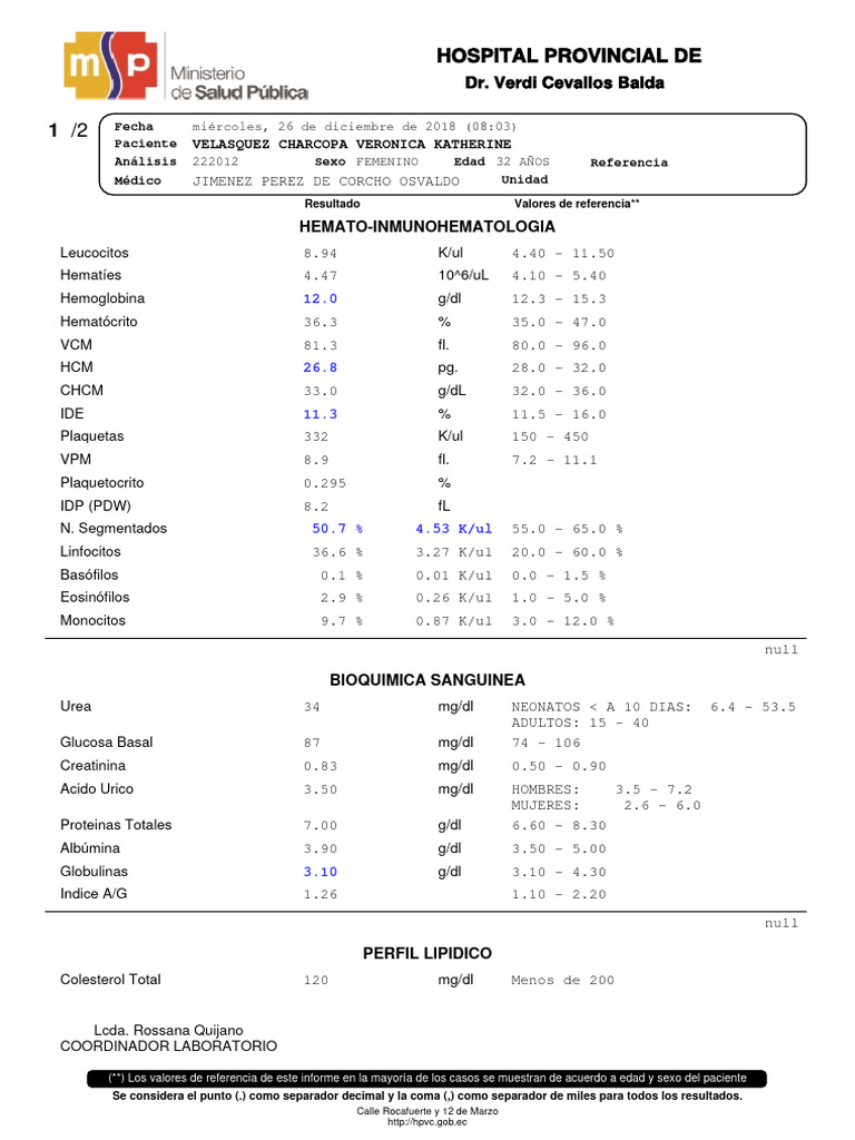 Resultados de Laboratorio Verdi Cevallos | PDF | Hematología | Anatomia ...
