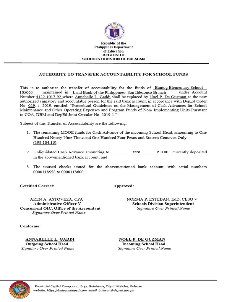 Transfer of Accountability: Gaddi to De Guzman | PDF | Philippines ...