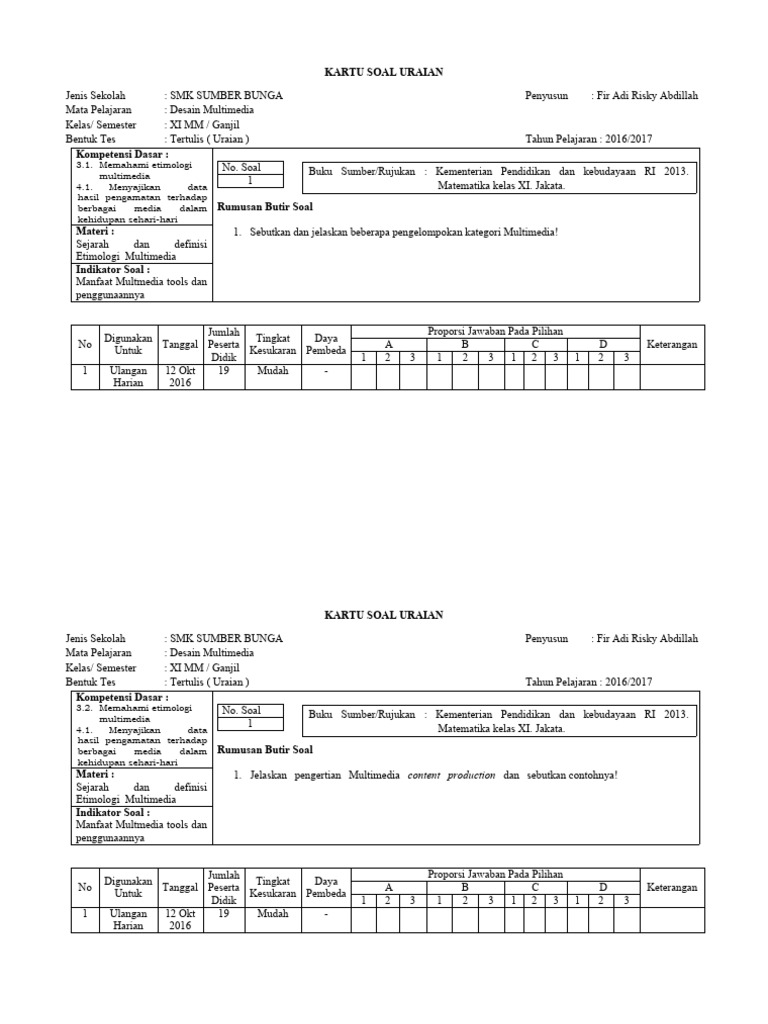 Kartu Soal Uraian | PDF