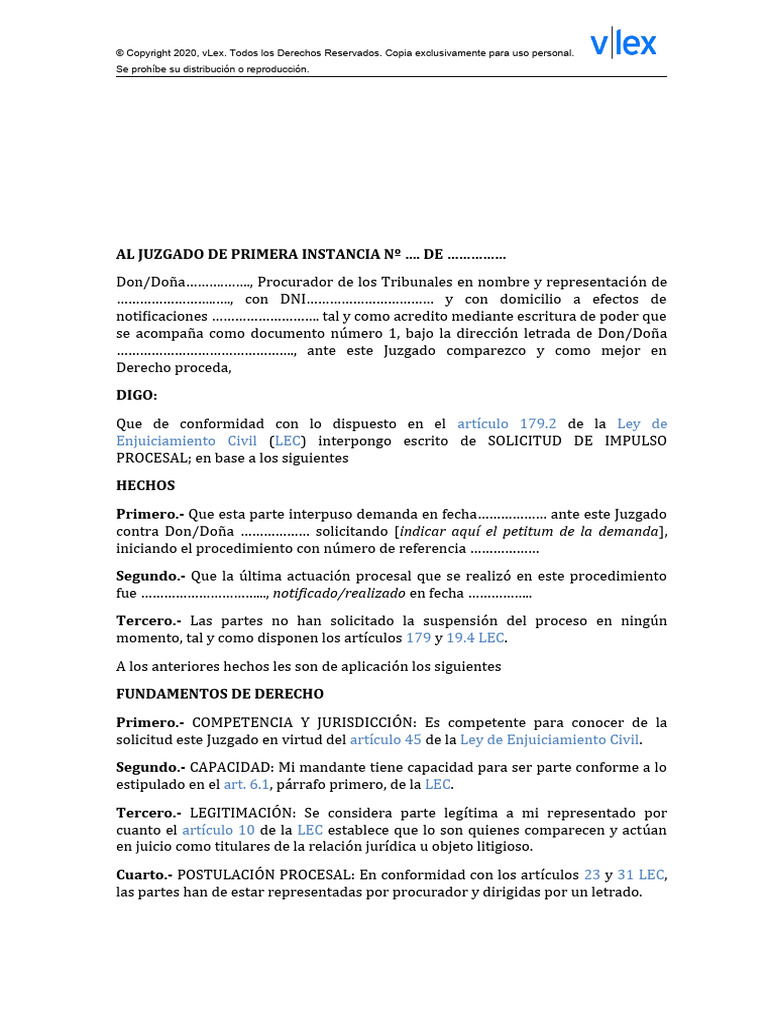Escrito Solicitando Impulso Procesal Contratos y Formularios | PDF ...
