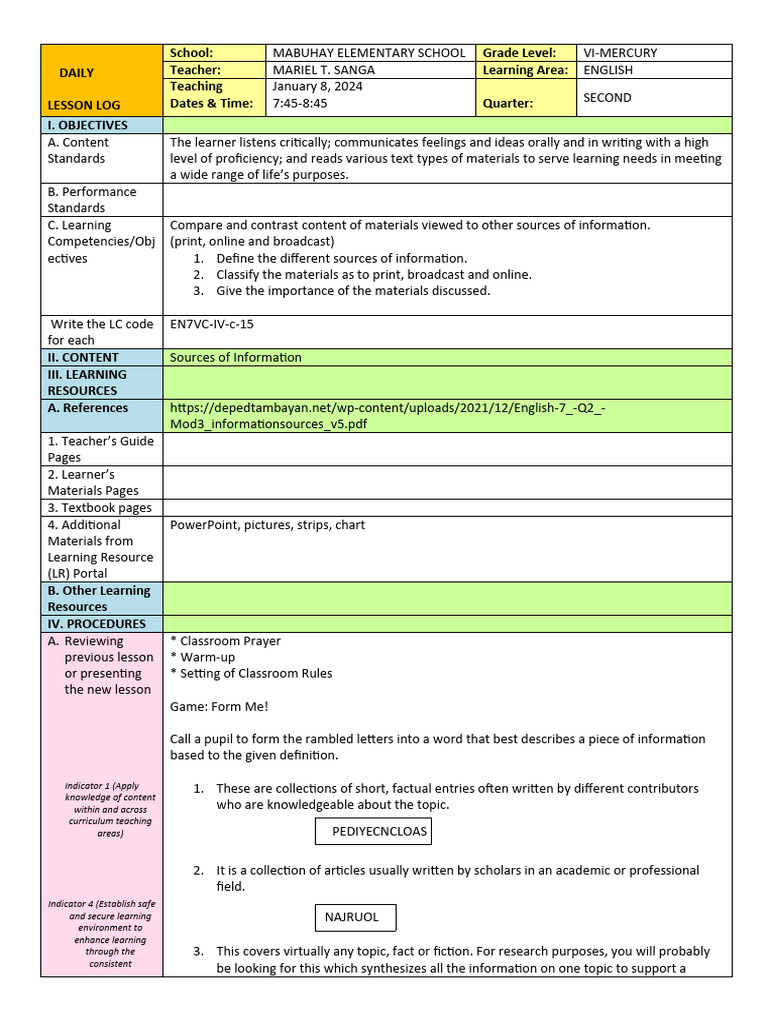 Sources of Information for Grade 6 | PDF | Learning | Information