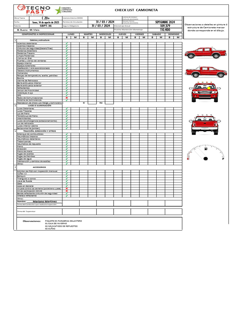 Checklist de Inspección de Camioneta | PDF | Tecnologías automotrices ...