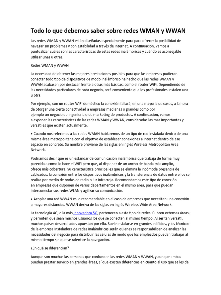Redes WMAN y WWAN: Guía Completa | PDF | Red inalámbrica | Transmisión ...