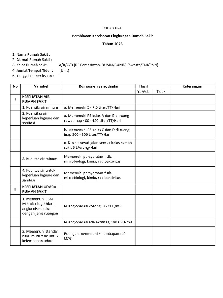 CHECKLIST SANITASI RS_mbkm Ifa | PDF
