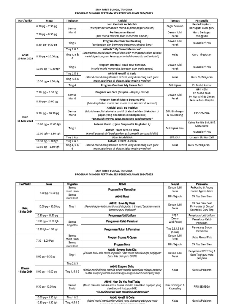Program Minggu Pertama 2024 | PDF