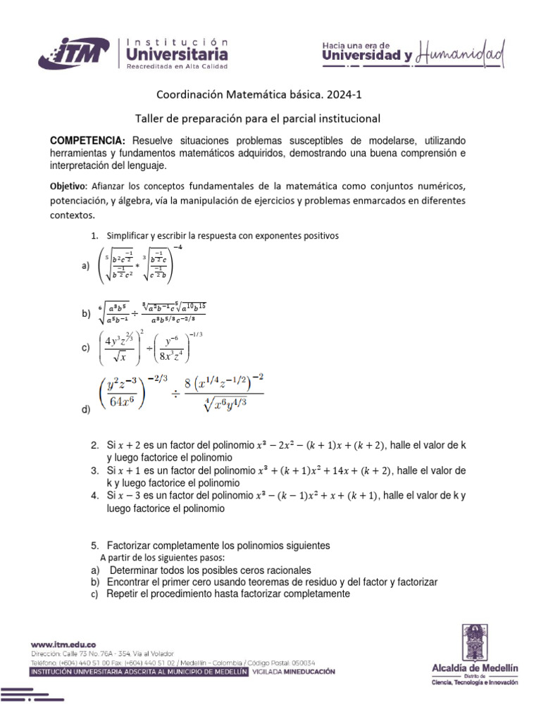 Taller Parcial Institucional Matemáticas Básicas 2024-1 | PDF | Análisis matemático | Matemática ...