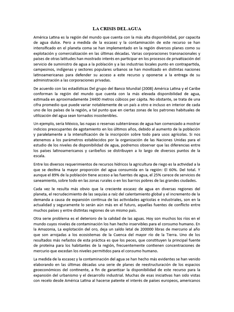 La Crisis Del Agua | PDF | Agua | America latina