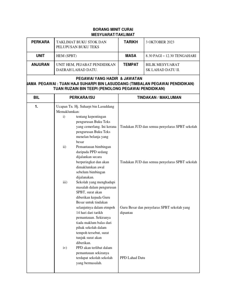 Borang Minit Curai | PDF