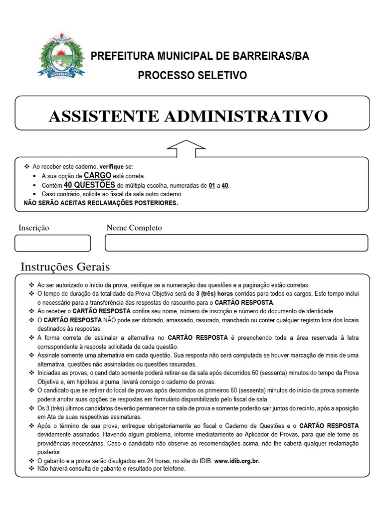 Prova Assistente Administrativo Pref Barreiras BA | PDF | Internet | Humano