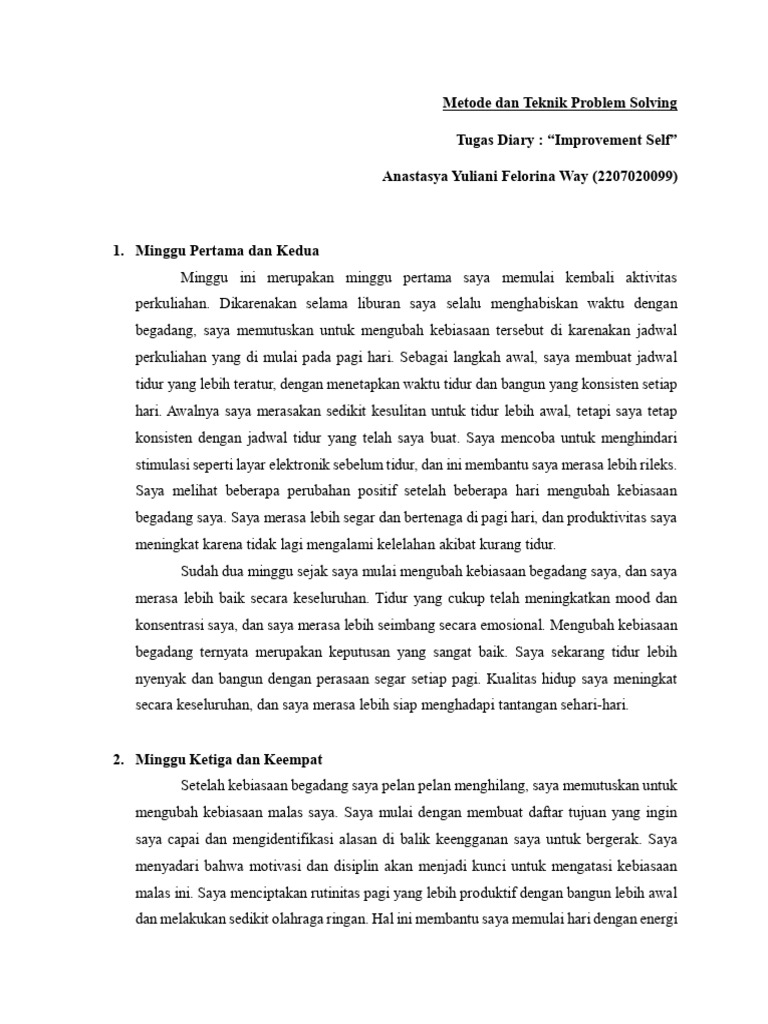 Tugas Metode Dan Teknik Problem Solving, Diary, Anastasya Way, 4A | PDF | Pengembangan Diri