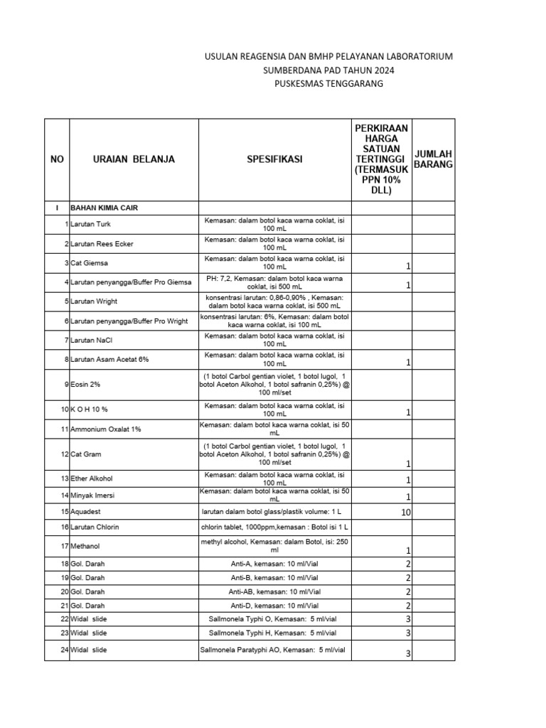 Form Usulan Reagen Dan BMHP Lab - 2024 | PDF