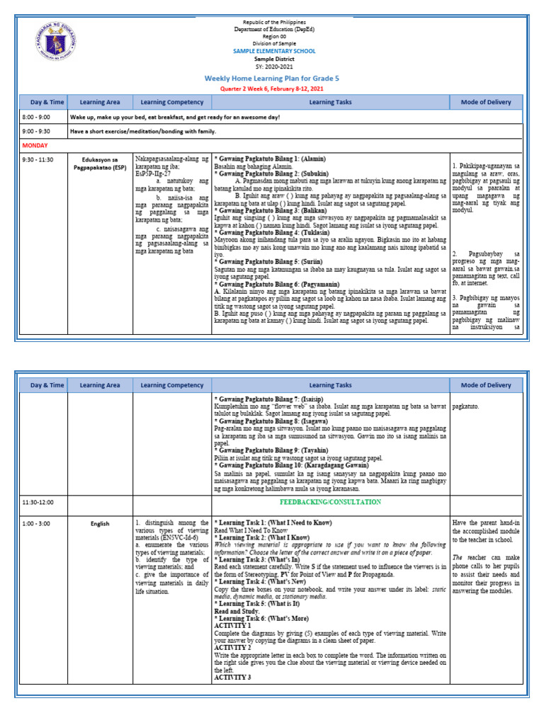Grade 5 - All Subjects - WHLP - Q2 - W6 | PDF