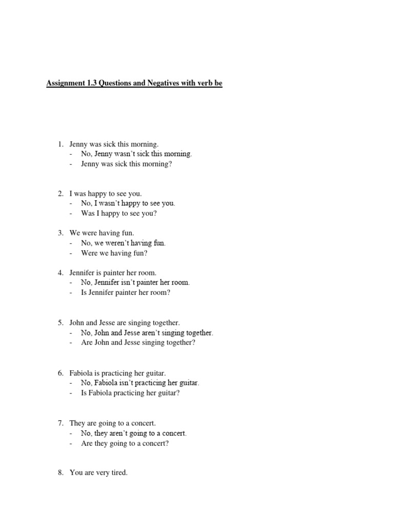 Assignment 1.3 Questions and Negatives With Verb Be | PDF | Language ...
