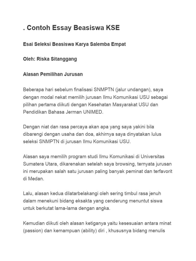 Contoh Essay Beasiswa KSE & Essay Pendidikan | PDF