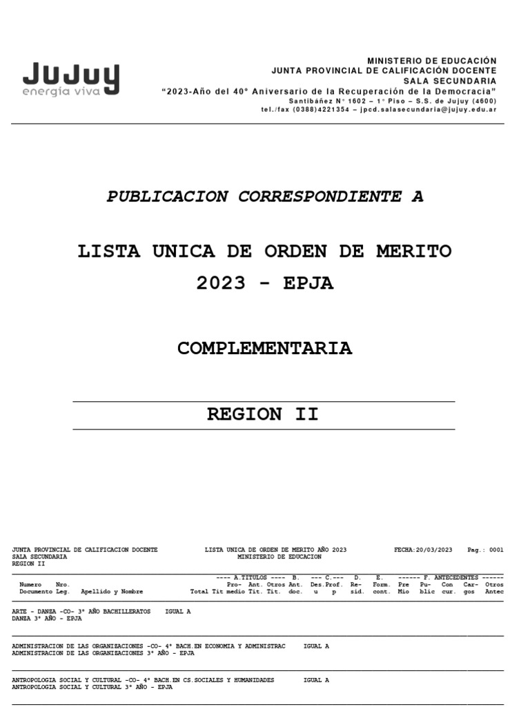 Lista Unica de Orden de Merito 2023-Epja-Complementaria - Region Ii - 063 | PDF | Educación en ...