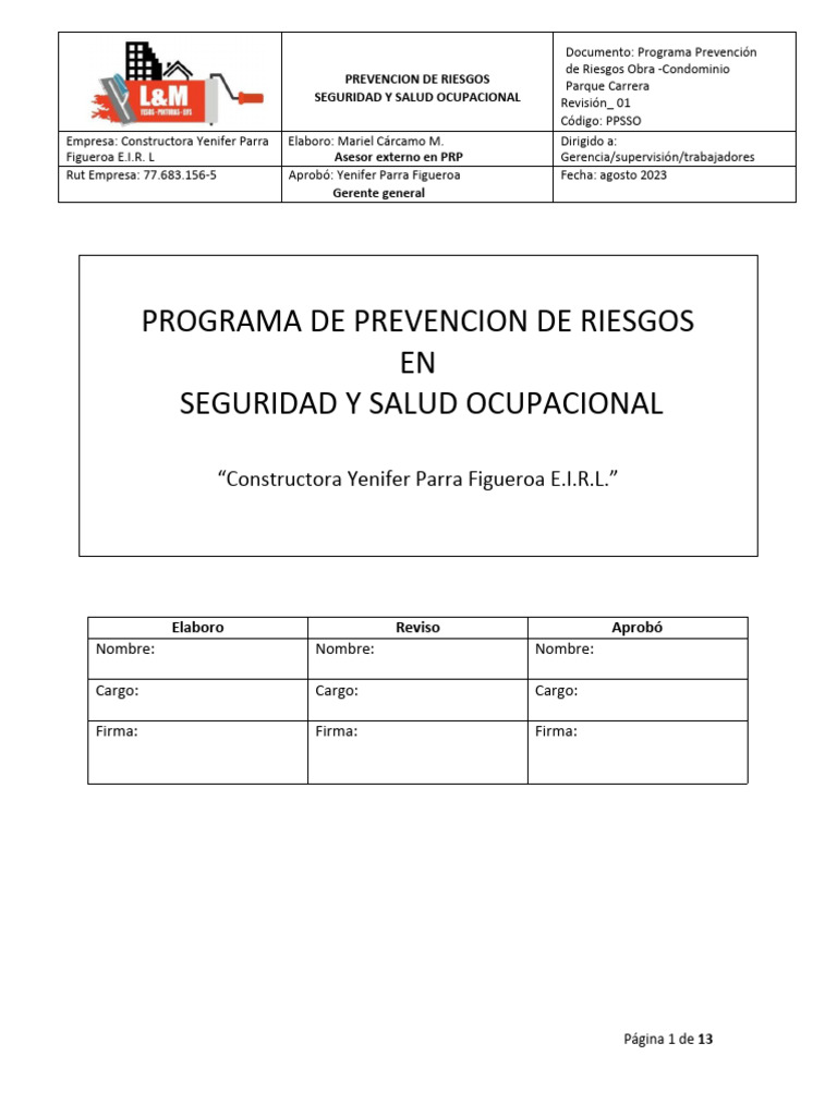 Programa de Prevencion de Riesgos 2023 | PDF | Seguridad y salud ocupacional | Relaciones laborales