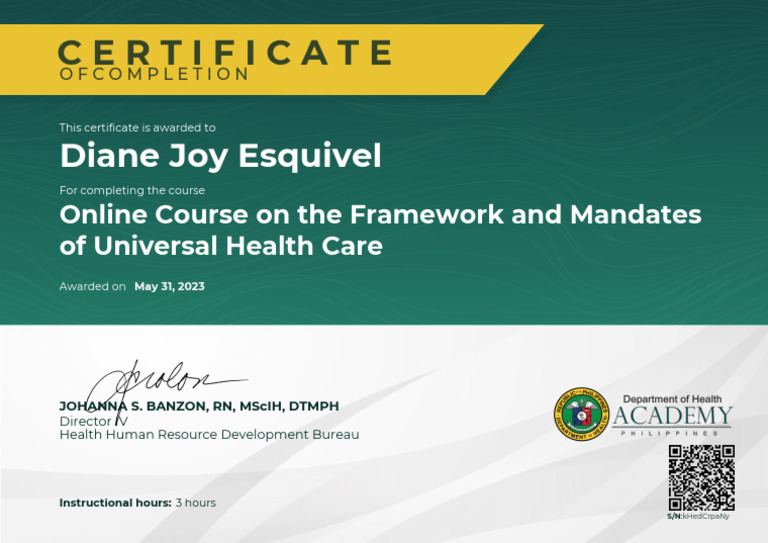 Universal Health Care Course Certificate | PDF