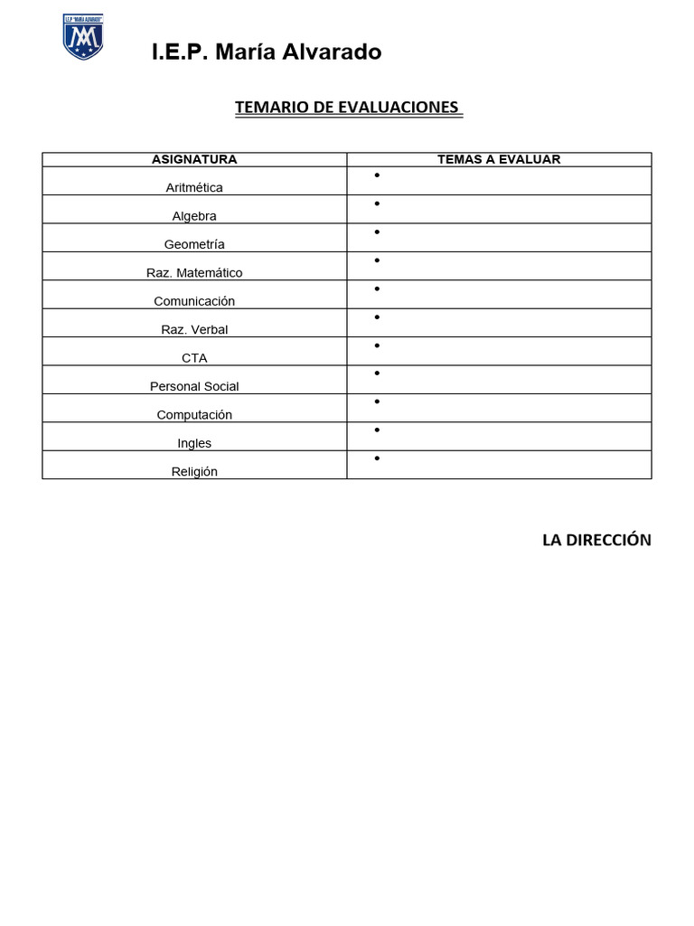 Formato Temario de Evaluaciones Primaria | PDF