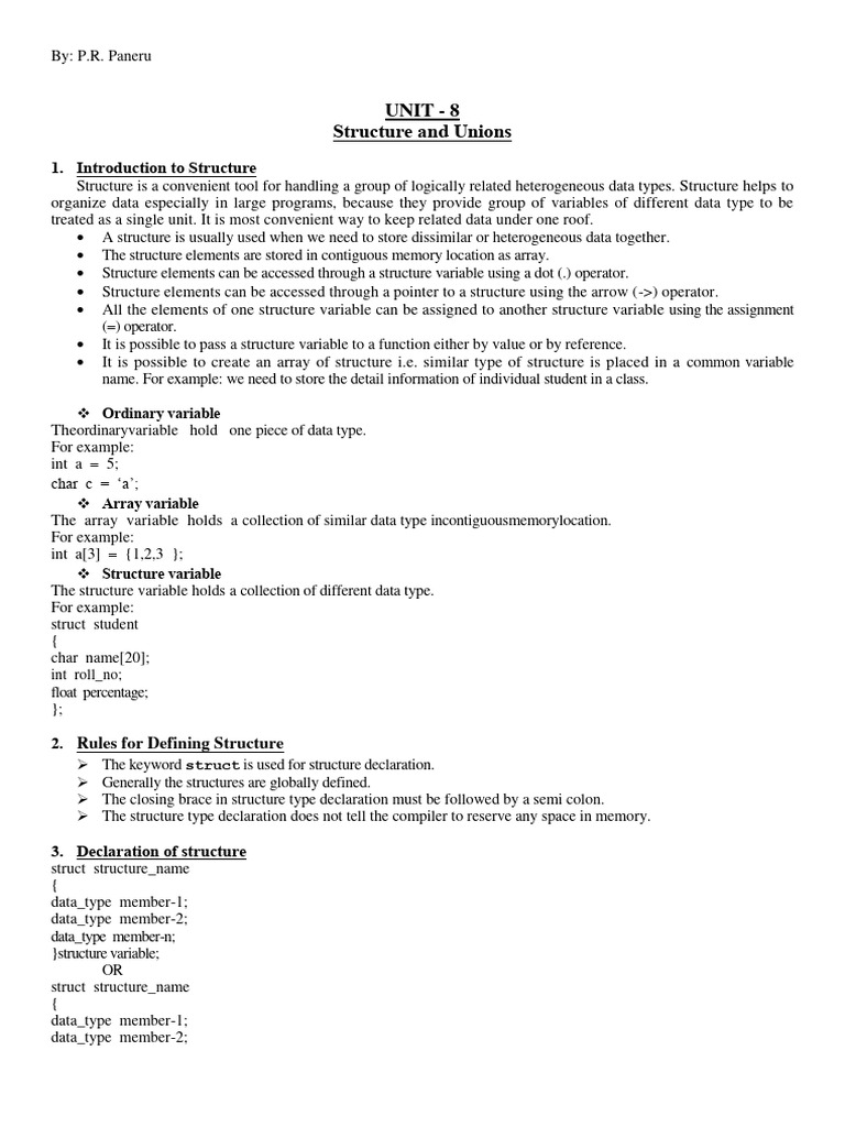Unit-8 StructuresandUnions | PDF | Pointer (Computer Programming) | Data Type