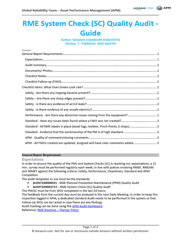RME System Check Quality Audit Guide | PDF | Reliability Engineering ...